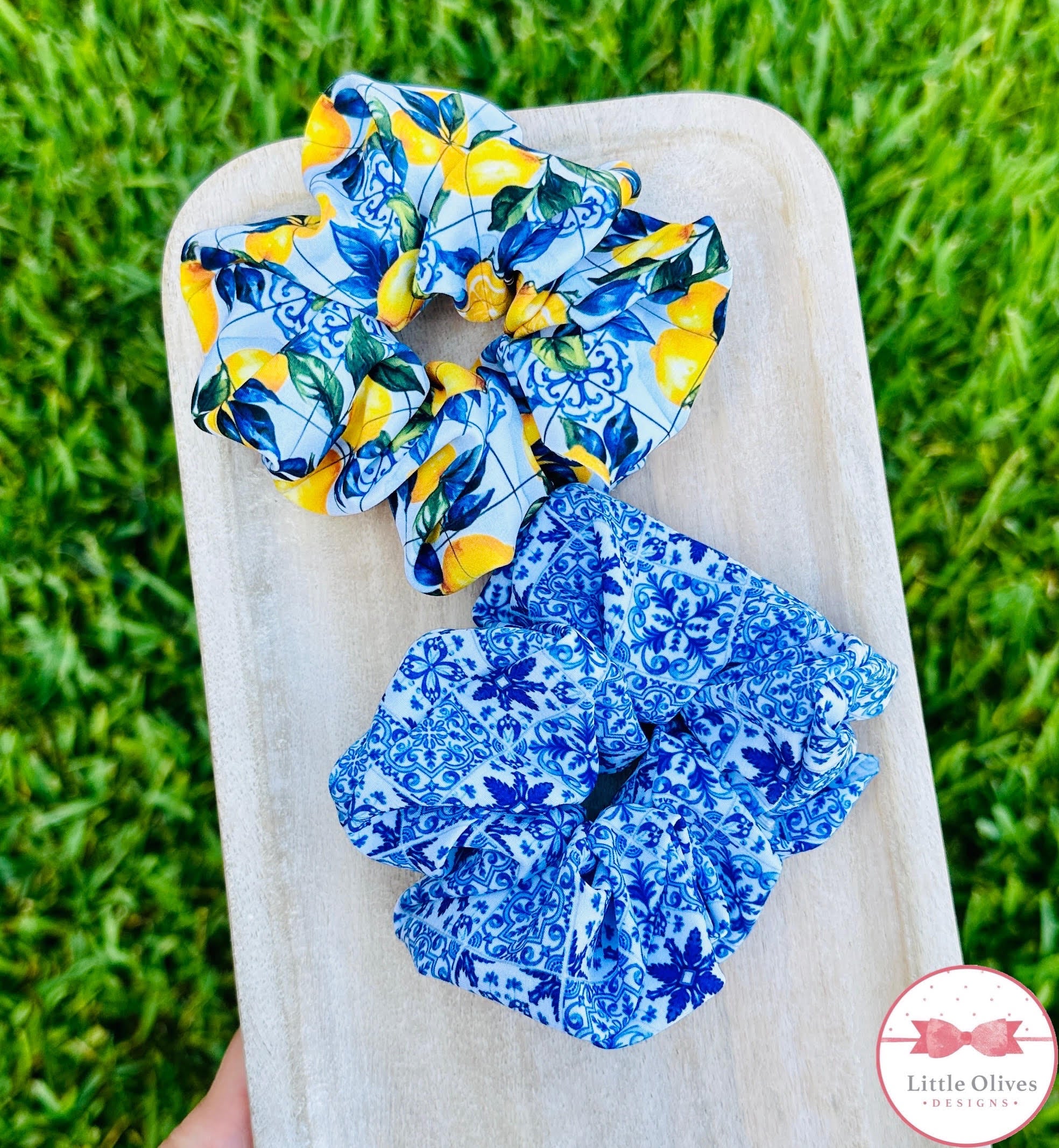 BLUE TILE & LEMON SCRUNCHIES – Little Olives Designs, LLC
