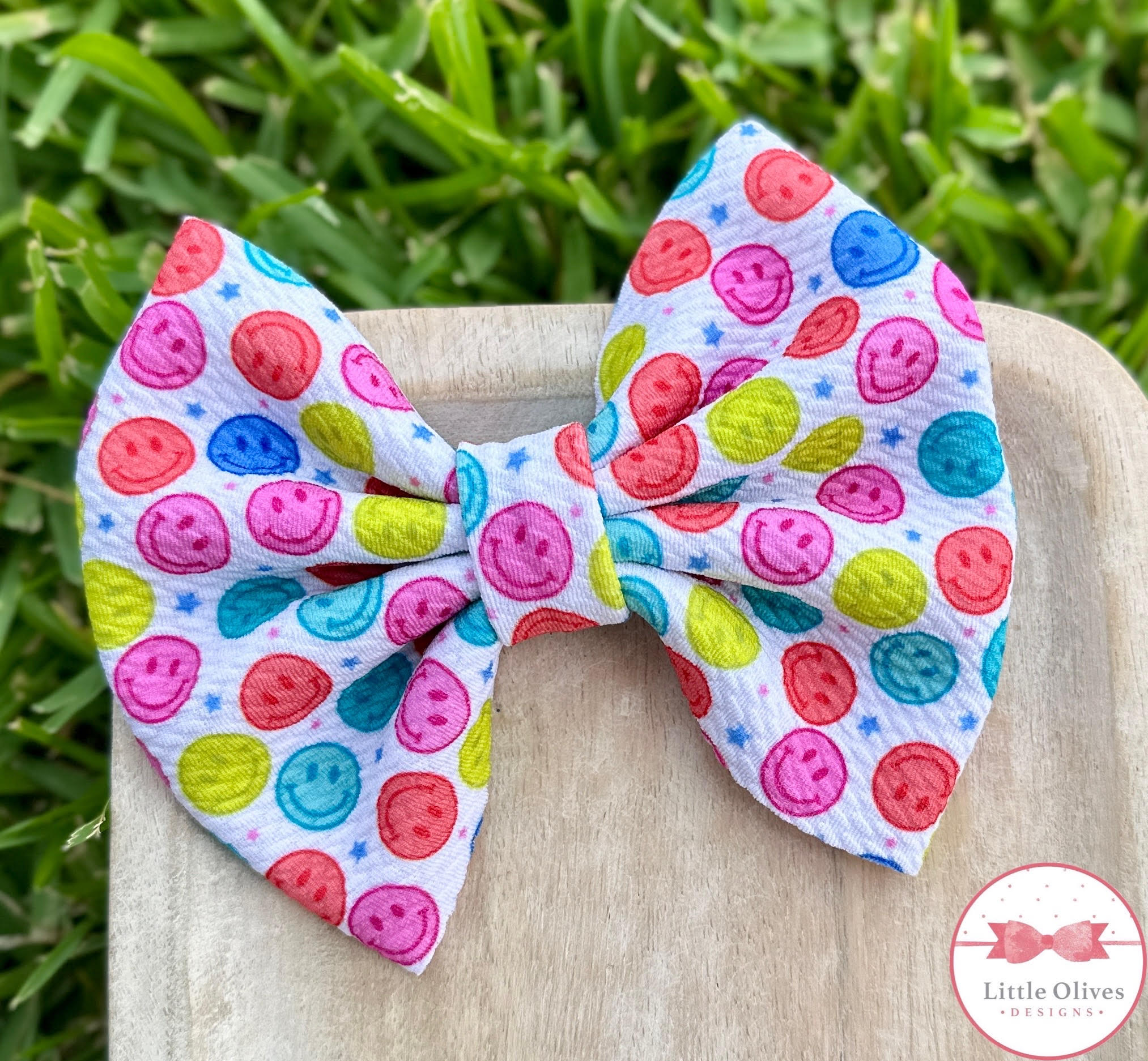 RAINBOW SMILEYS BOW – Little Olives Designs, LLC