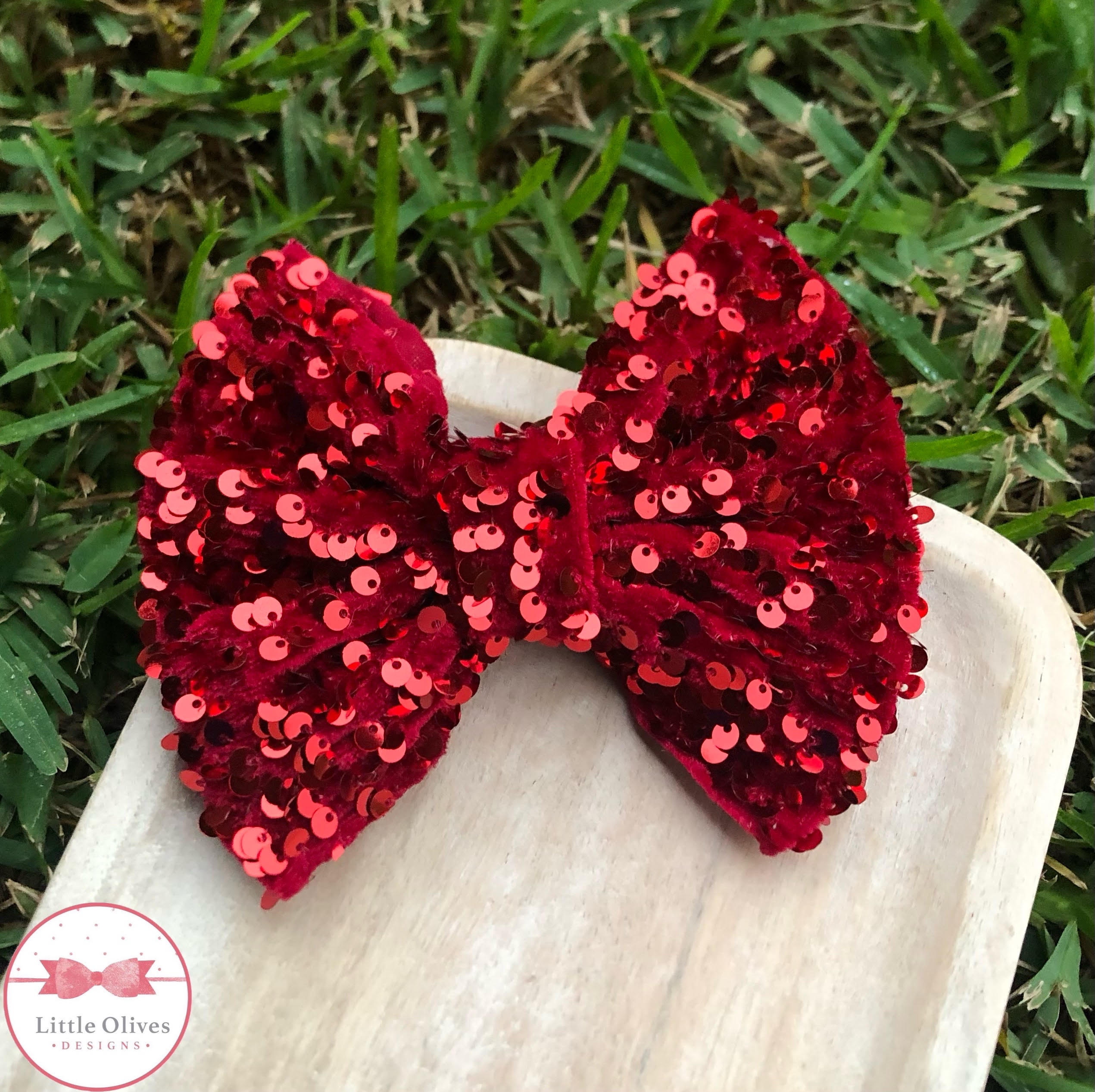 Red velvet sequin bow – Little Olives Designs, LLC